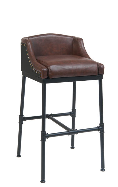 Industrial Pipe Bar Stool Upholstered Brown Vinyl With Brass Studs ...